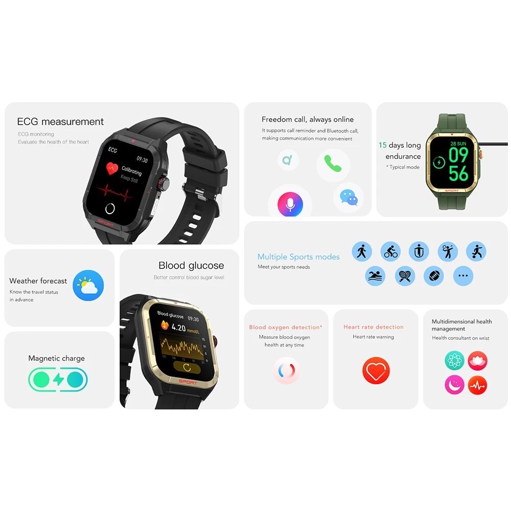 นาฬิกาอัจฉริยะ Kawa E01 วัดน้ำตาลในเลือด ECG วัดอัตราการเต้นหัวใจ กันน้ำ วัดแคลลอรี่ รองรับภาษา ...